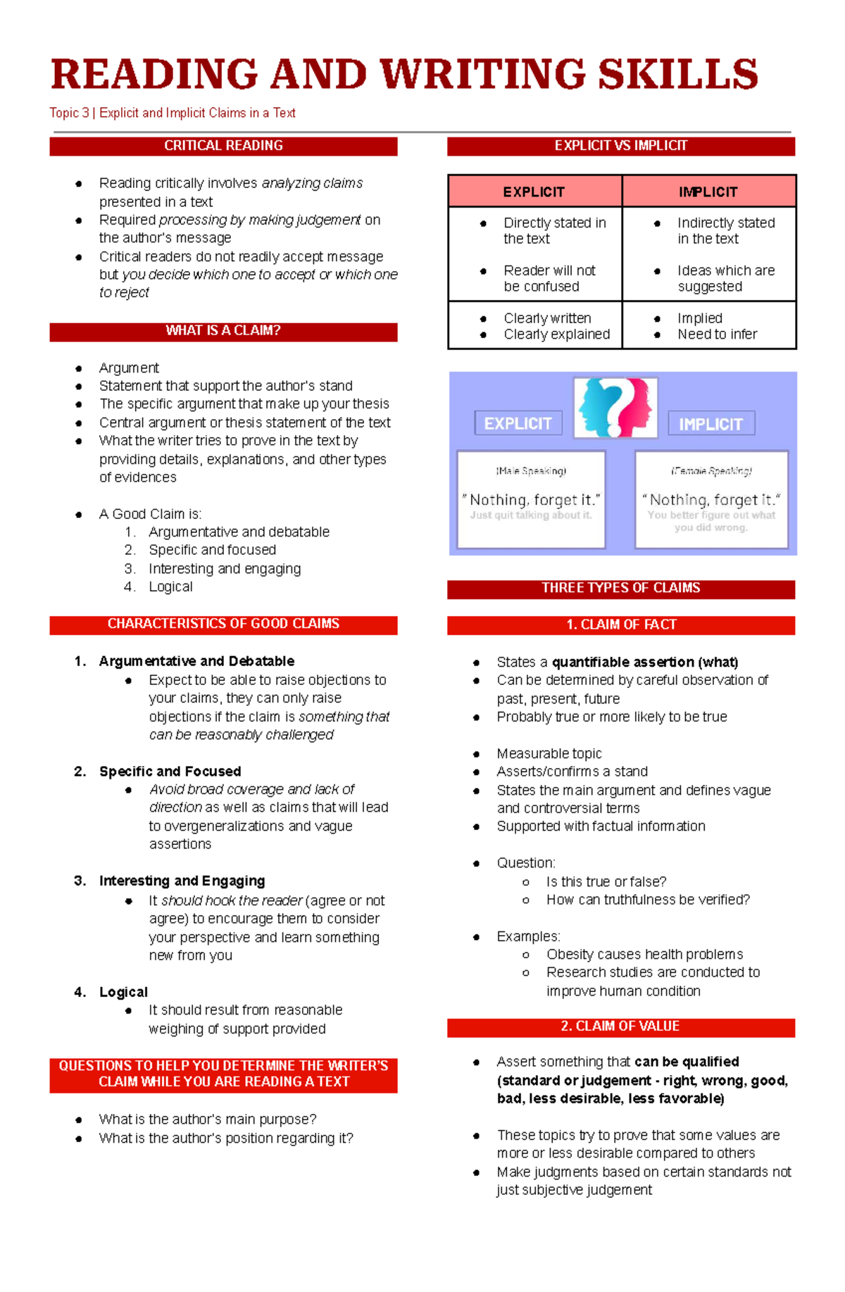 RWS (Topic 3) - Analyzing Explicit and Implicit Claims in Texts - Studocu
