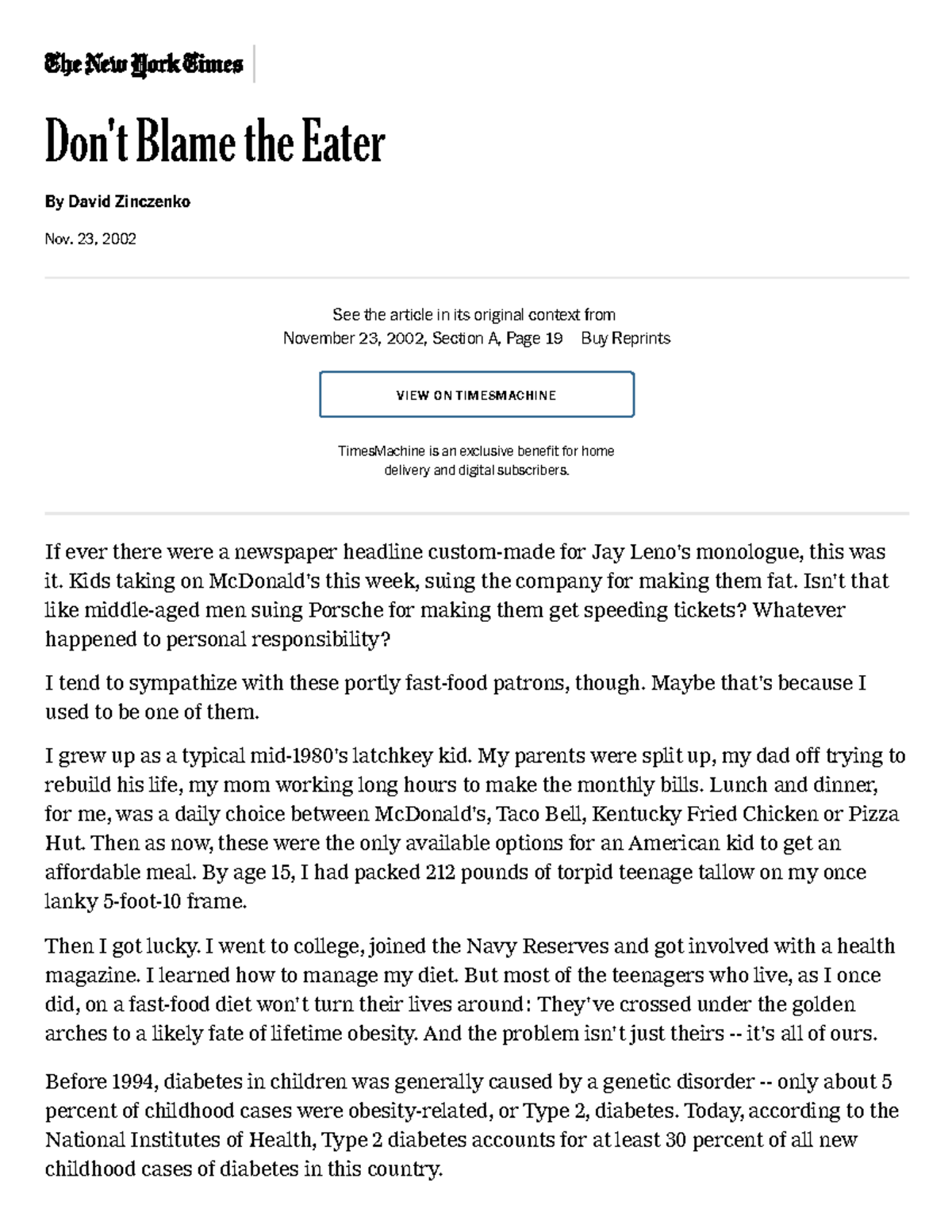 ENG 101 Essay Notes: Don't Blame the Eater by David Zinczenko - Studocu