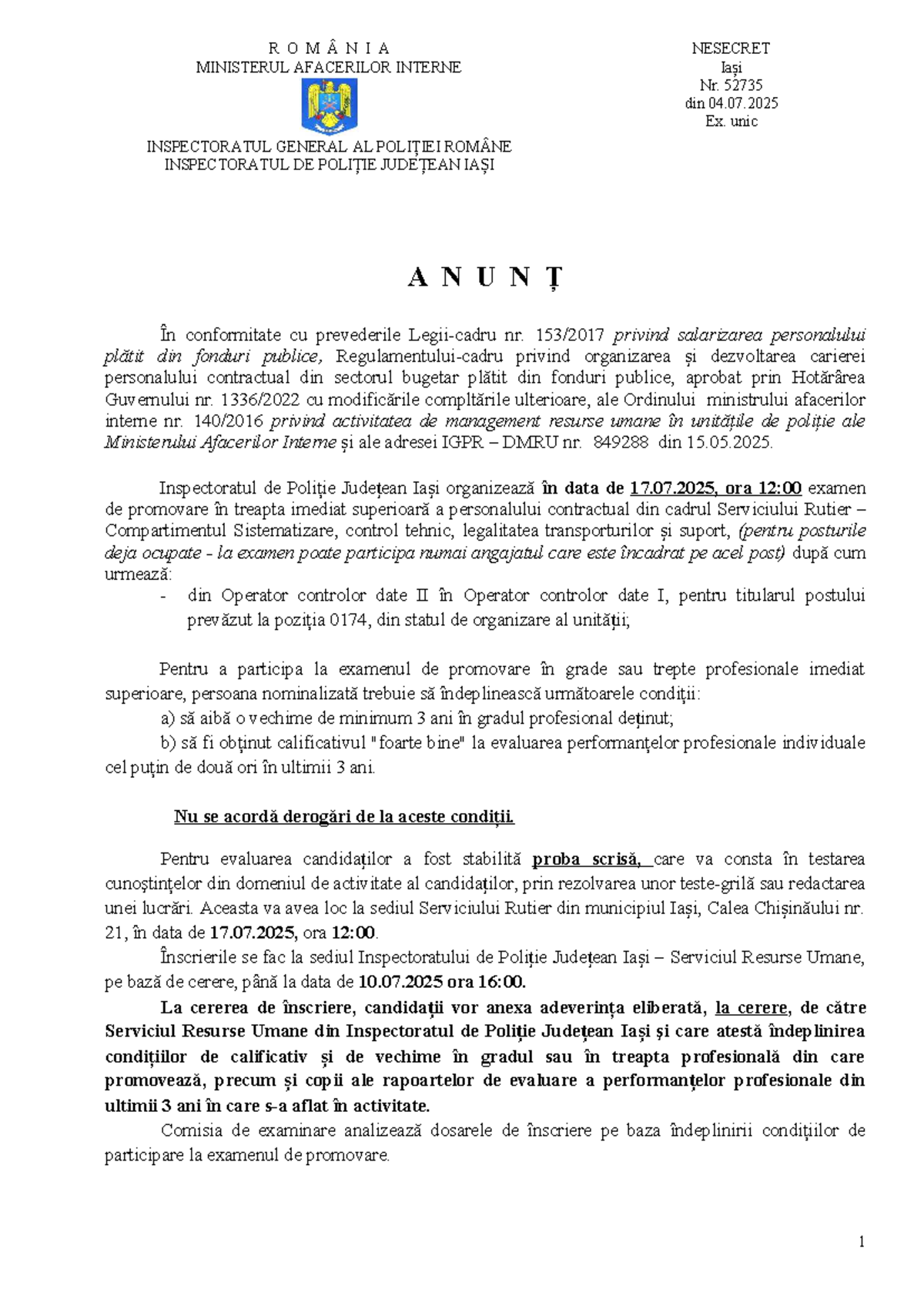 Anunț Examen Promovare Personal Contractual - IPJ Iași 17.07.2025 - Studocu