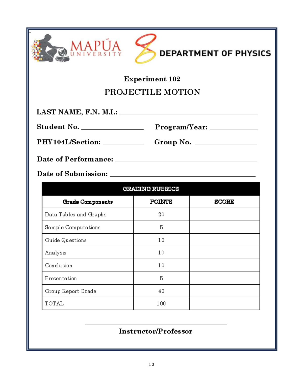 02 PHY104L E102 Projectile Motion Experiment Report - Studocu