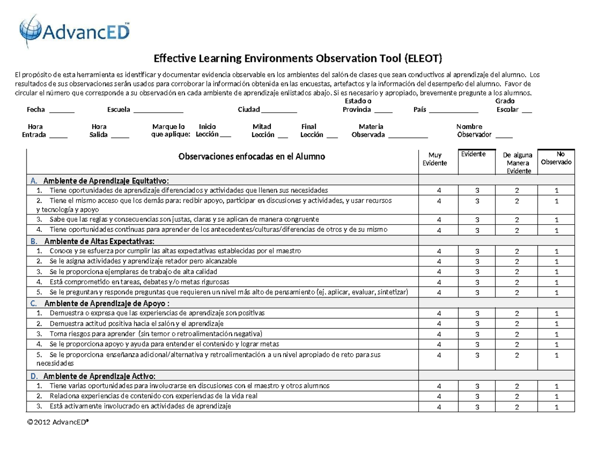 ELEOT: Herramienta de Observación para Ambientes de Aprendizaje - Studocu
