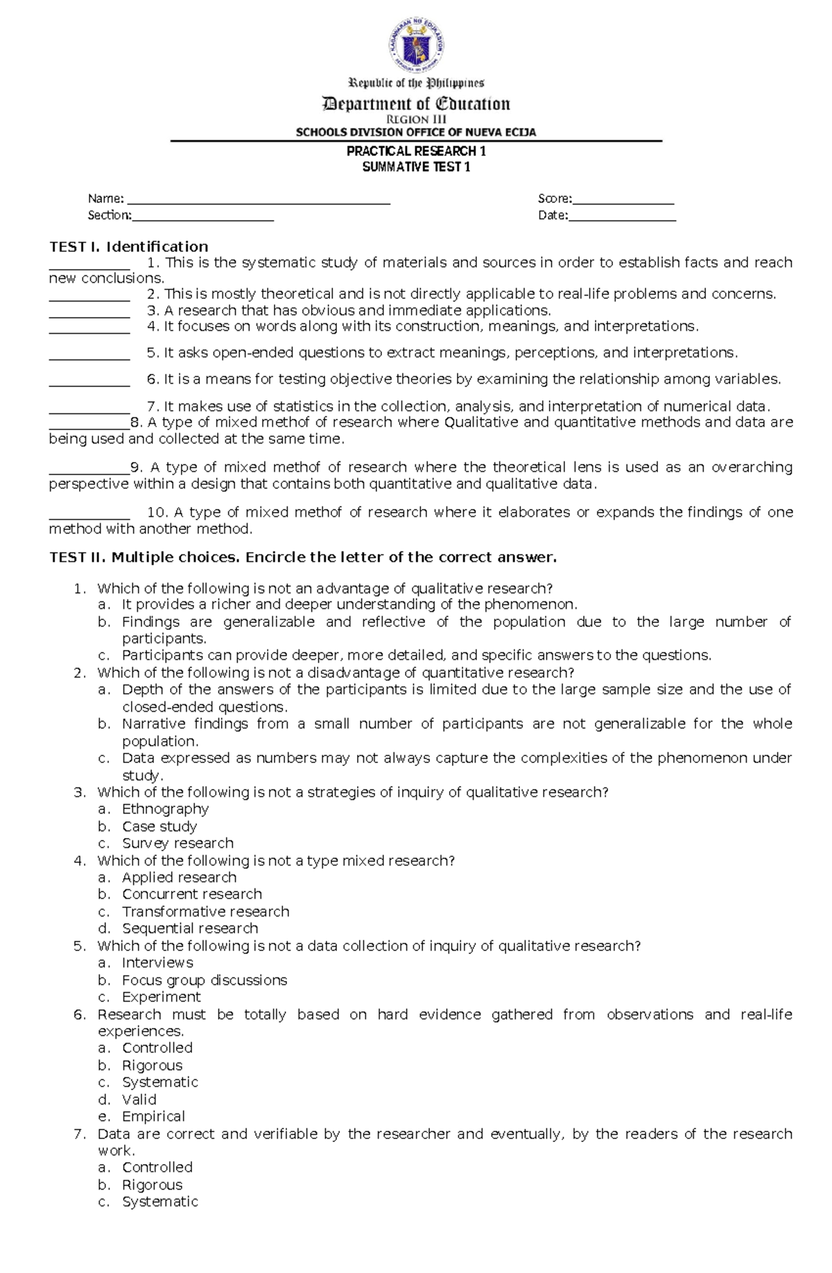 PR1 Summative Test 1: Practical Research Concepts and Methods - Studocu