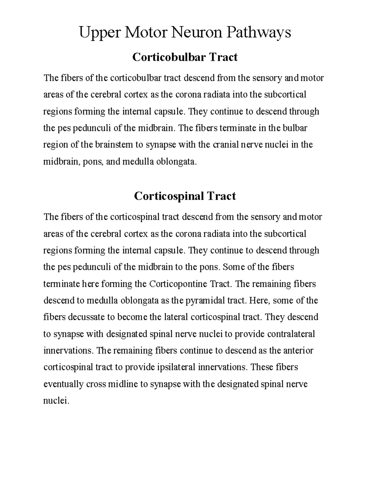 Upper Motor Neuron Pathways: Corticobulbar & Corticospinal Tracts - Studocu