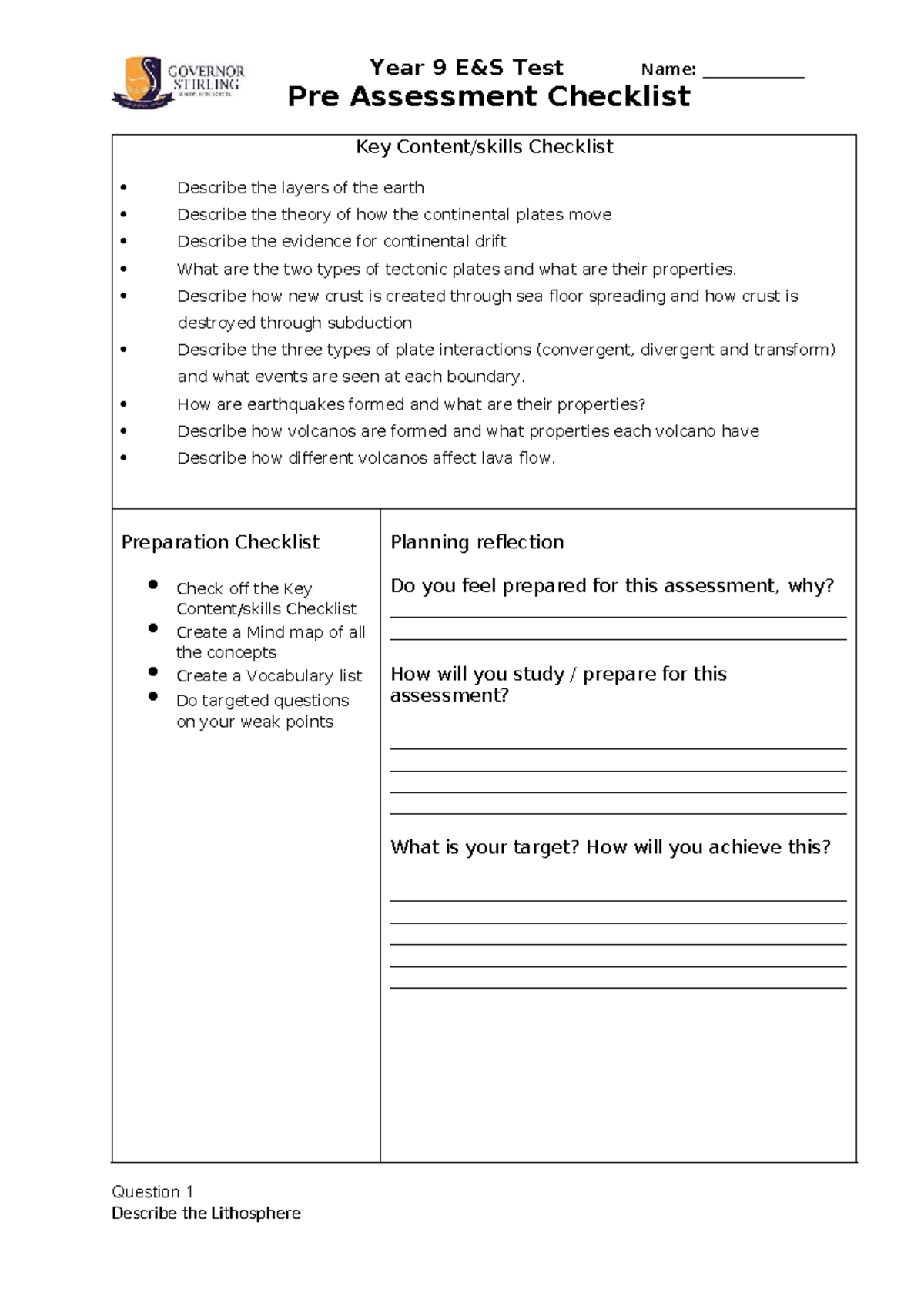 Year 9 Science: Pre-Assessment Checklist on Earth's Layers & Plate ...