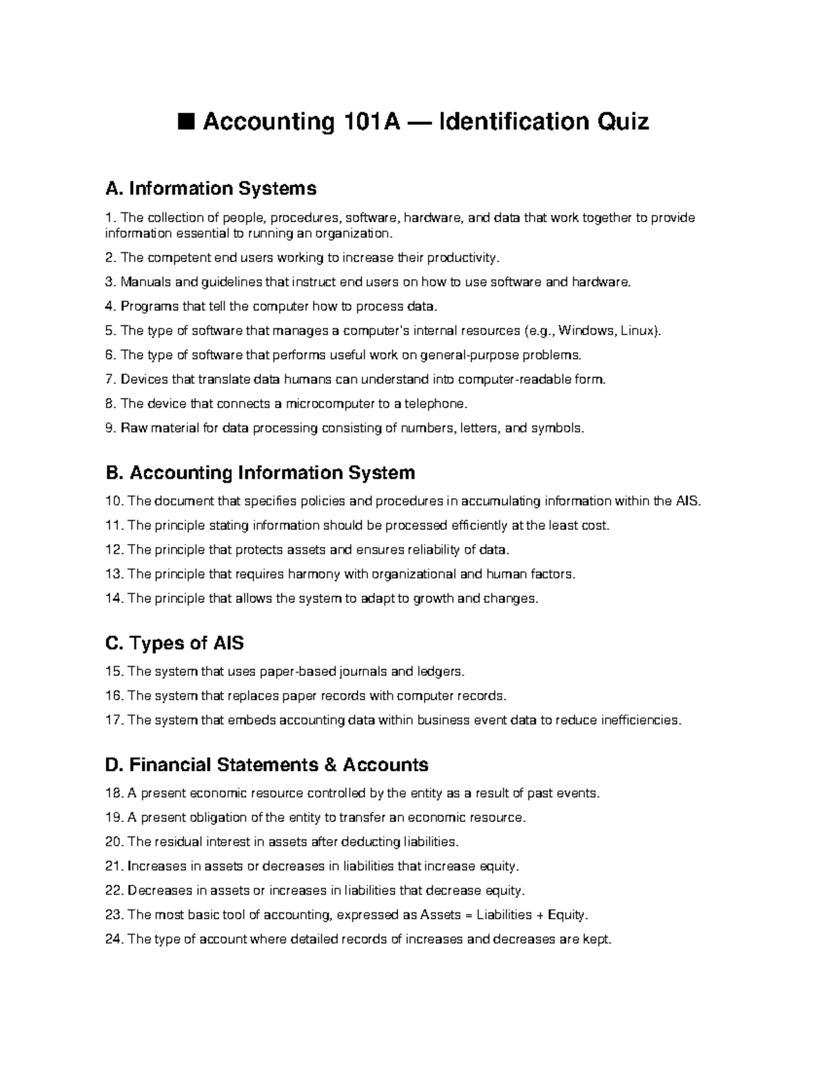 Accounting 101A Identification Quiz A: Key Concepts and Terms - Studocu