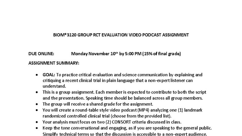 GROUP RCT EVALUATION PODCAST ASSIGNMENT (DUE: Nov 10, 5 PM) - Studocu