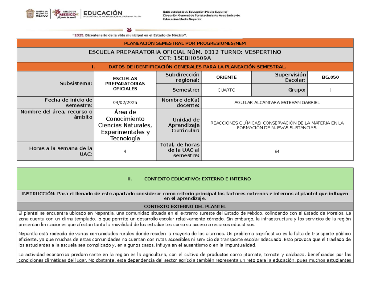 Planeación Semestral de Química 4to Semestre - EPO 312 - Studocu