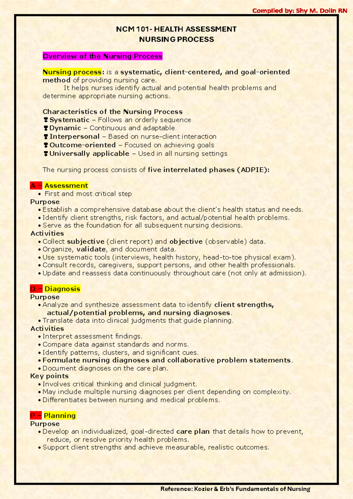 NCM HEALTH ASSESSMENT: Overview of the Nursing Process - Studocu