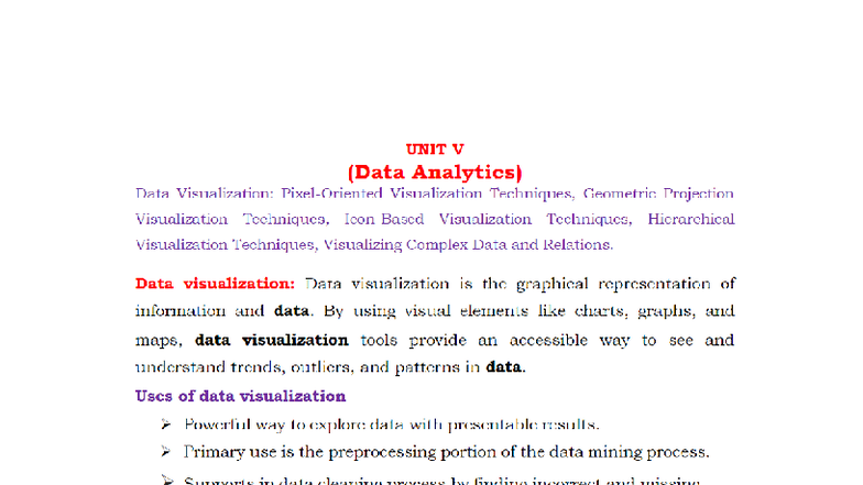 DA UNIT V - Data Visualization Techniques and Applications - Studocu