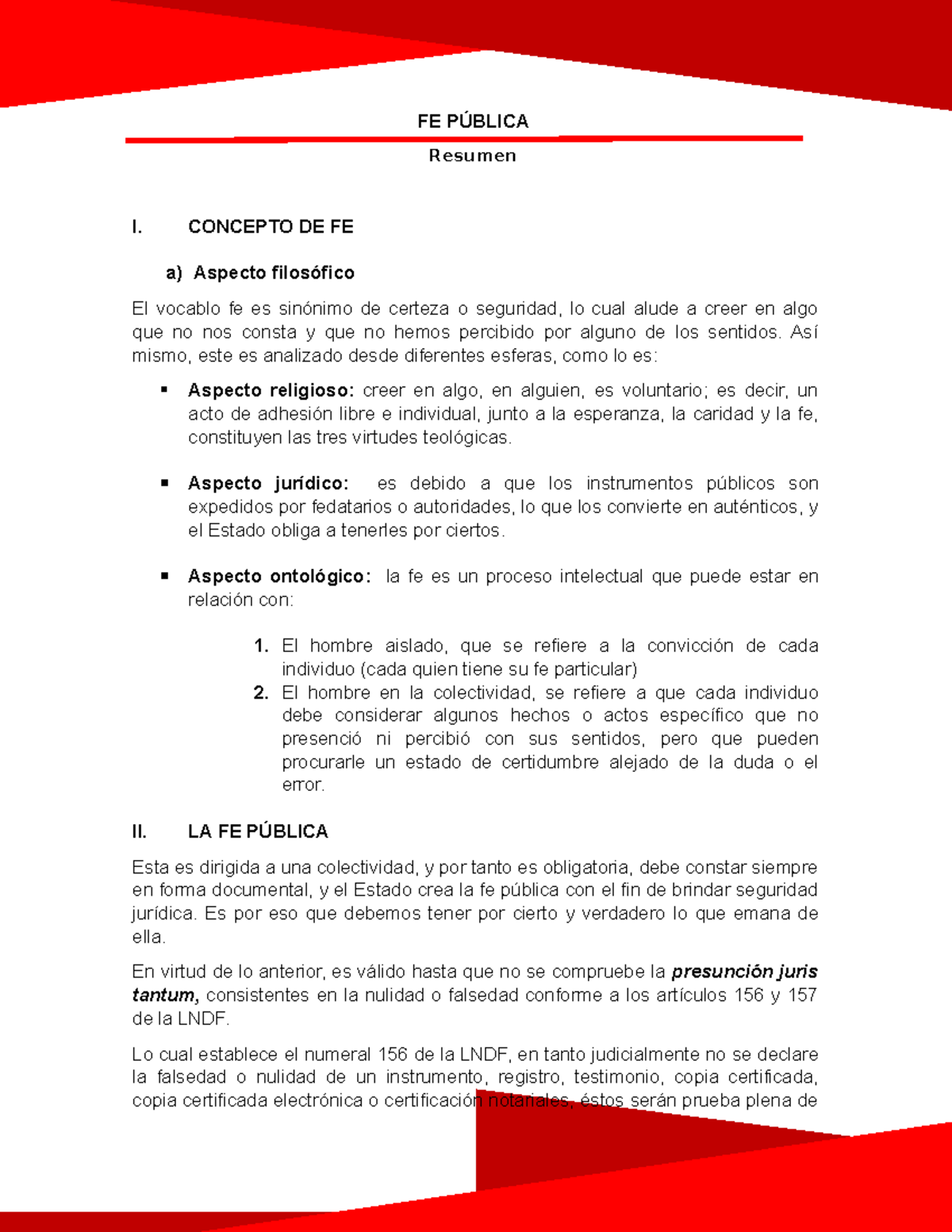 FE PUBLICA DERECHO NOTARIAL - FE PÚBLICA Resumen I. CONCEPTO DE FE a ...