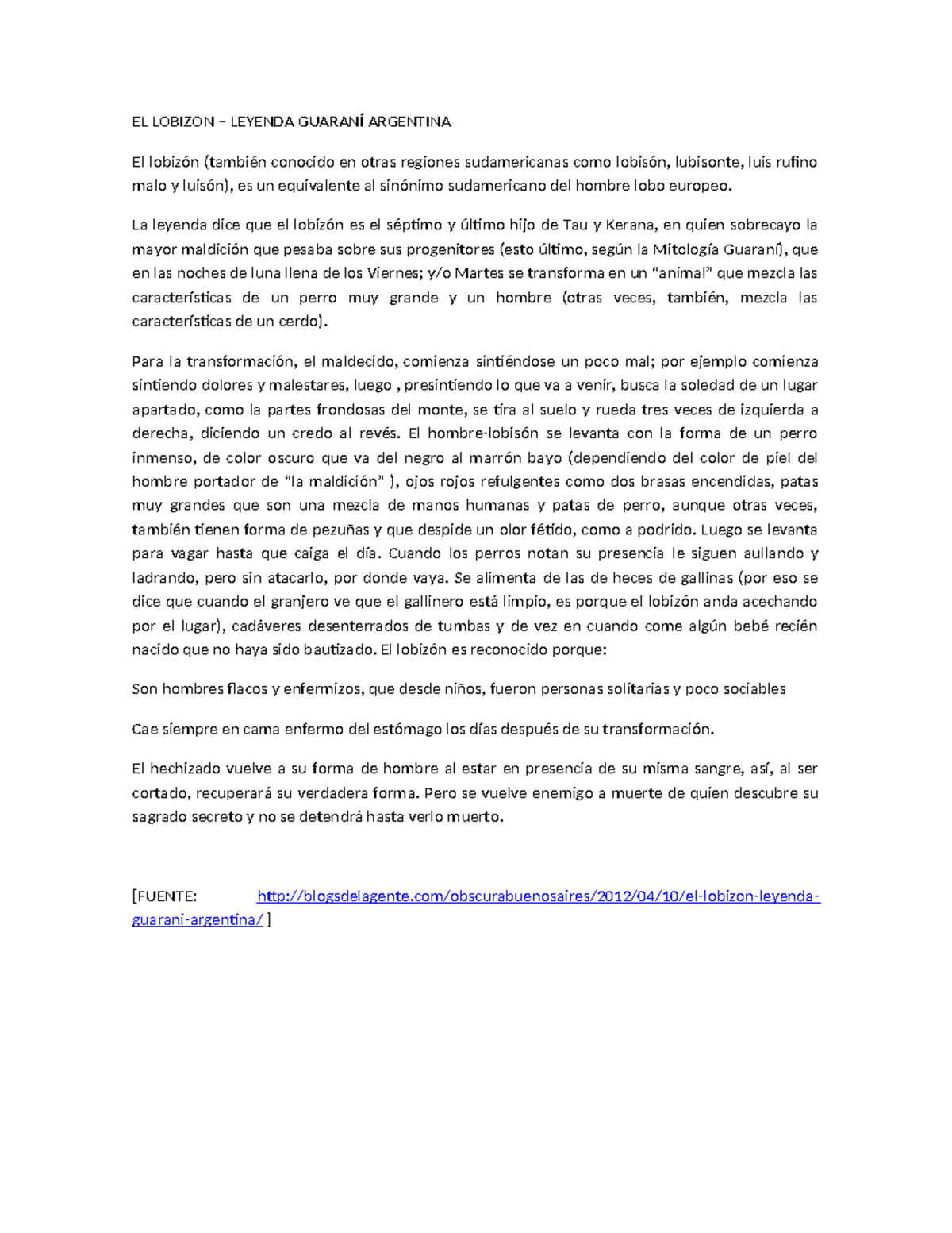 Leyenda del Lobizón: Mito Guaraní de Argentina (Doc 324841762) - Studocu
