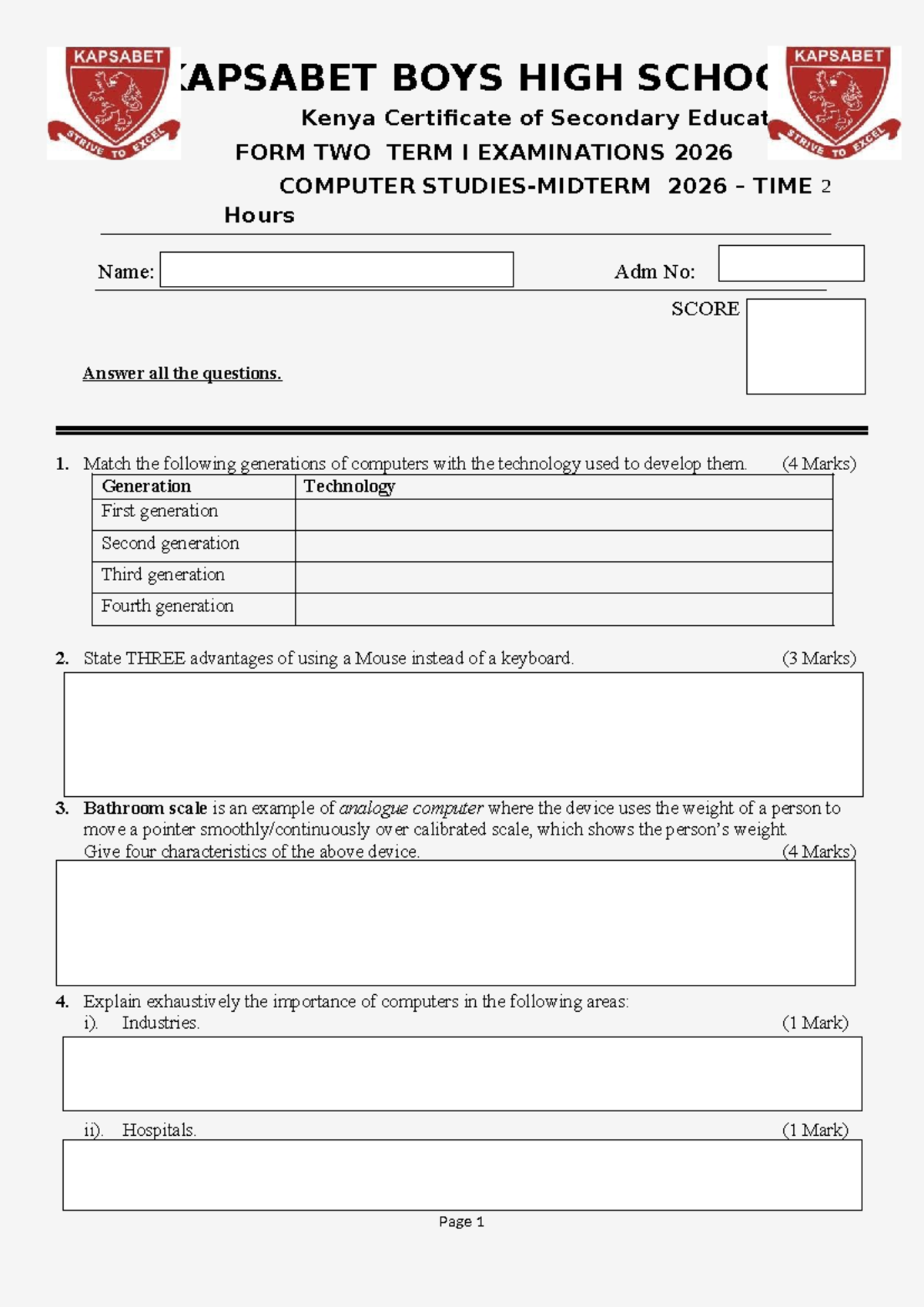 FORM 2 COMPUTER END TERM EXAM 2026 - KAPSABET BOYS HIGH SCHOOL - Studocu