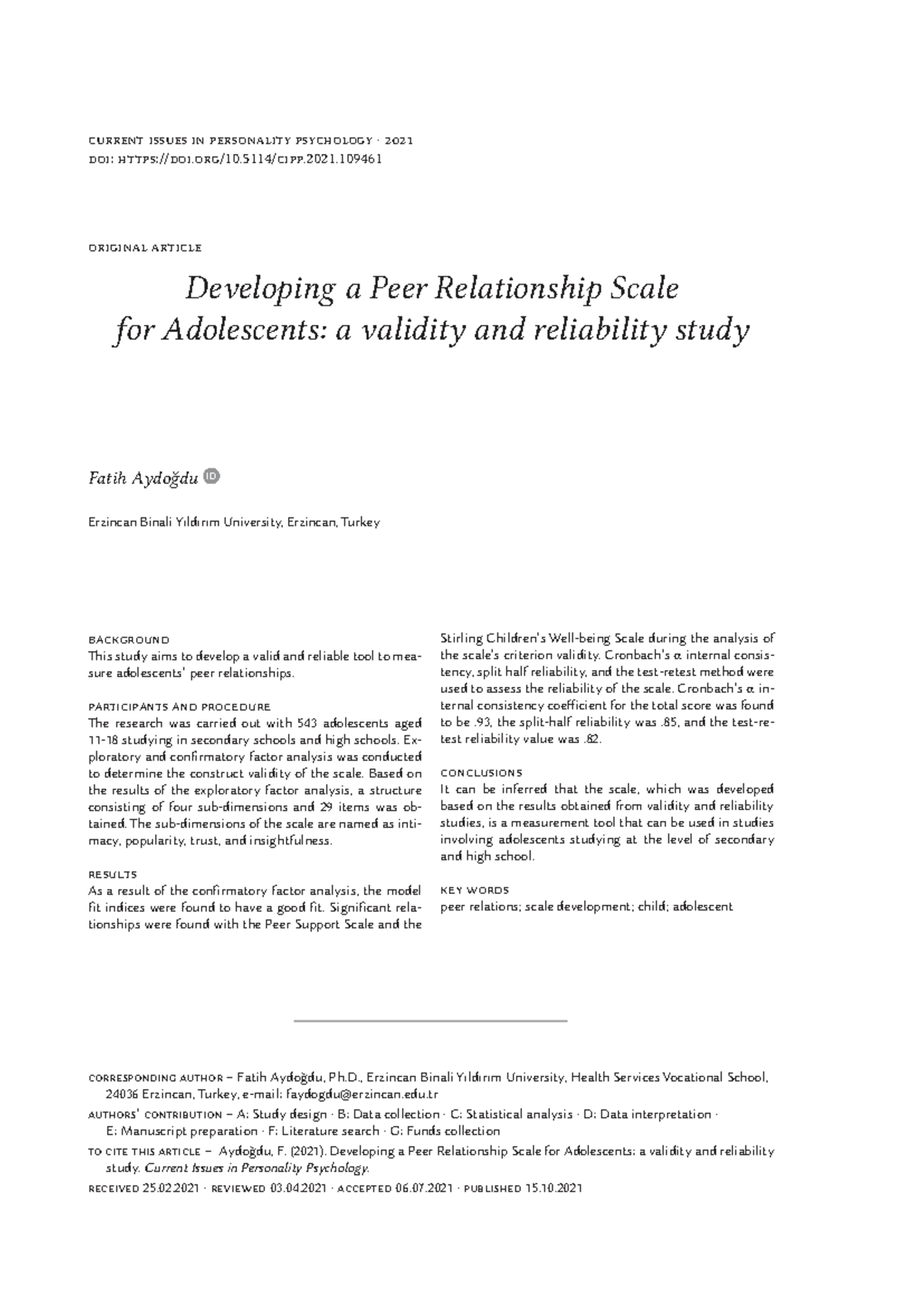 Developing a Peer Relationship Scale for Adolescents: Validity ...