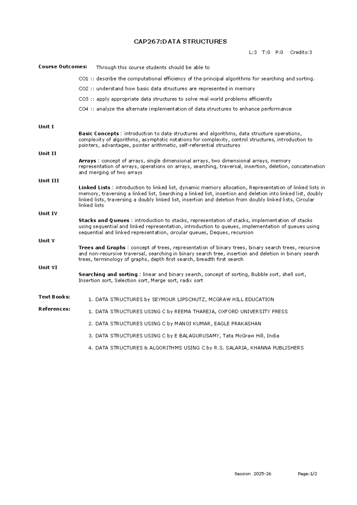 CAP267: Data Structures Syllabus Overview and Course Outcomes - Studocu