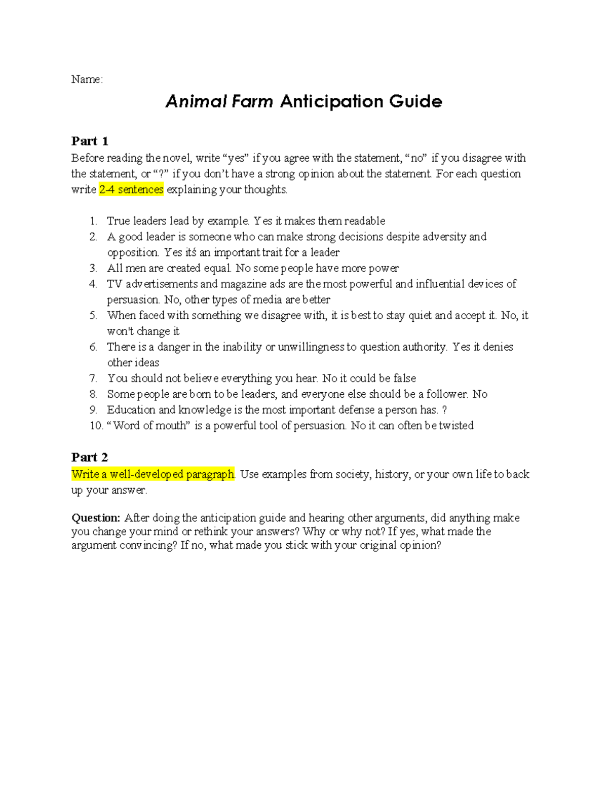 Animal Farm Anticipation Guide (Part 1 & 2) - Analysis & Reflection ...