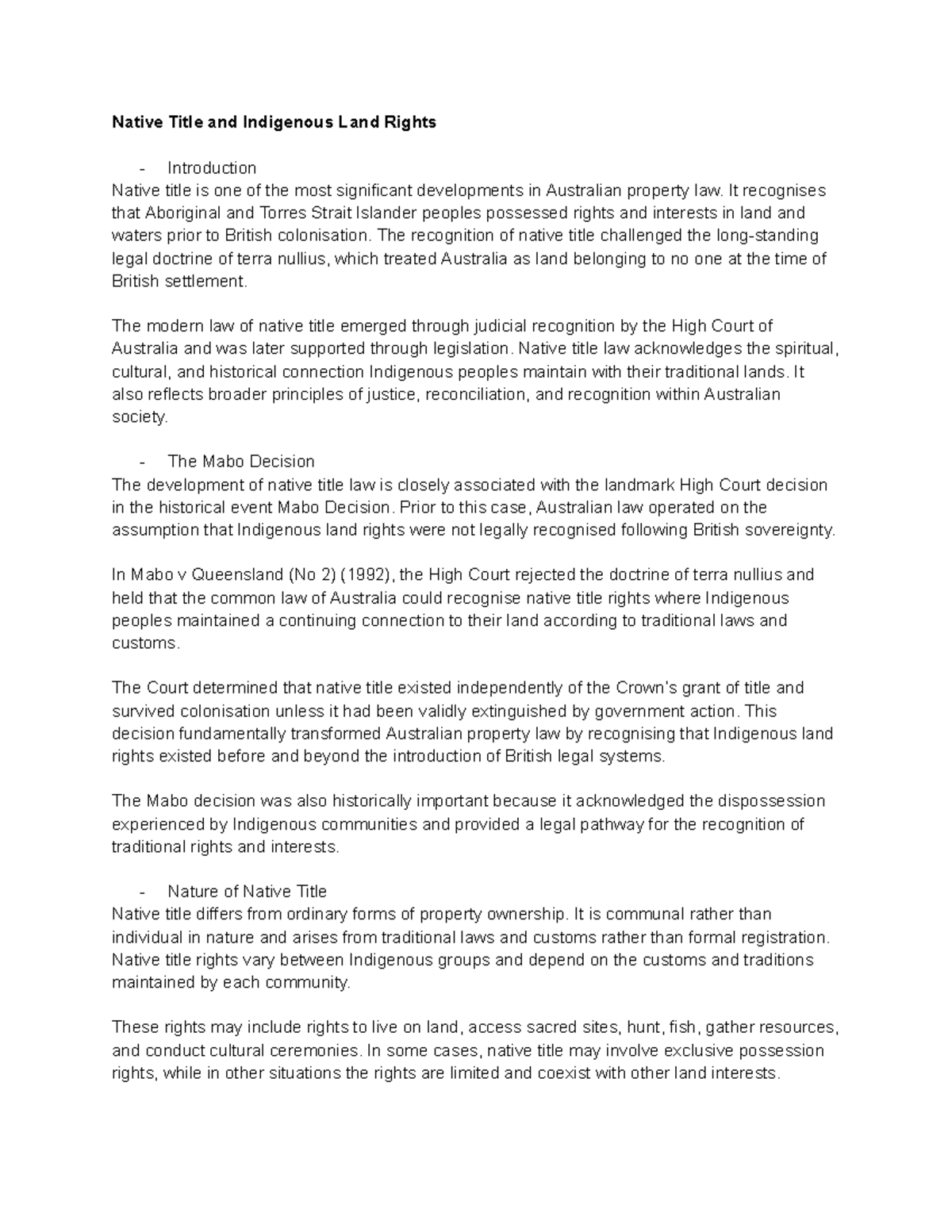 Native Title and Indigenous Land Rights - Lecture Notes (LAW 101) - Studocu