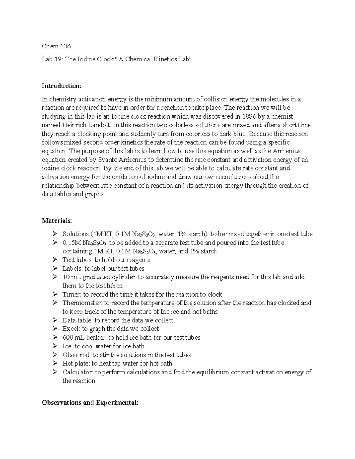 Lab 19 - lab report 19 - Chem 106 Lab 19: The Iodine Clock “A Chemical ...