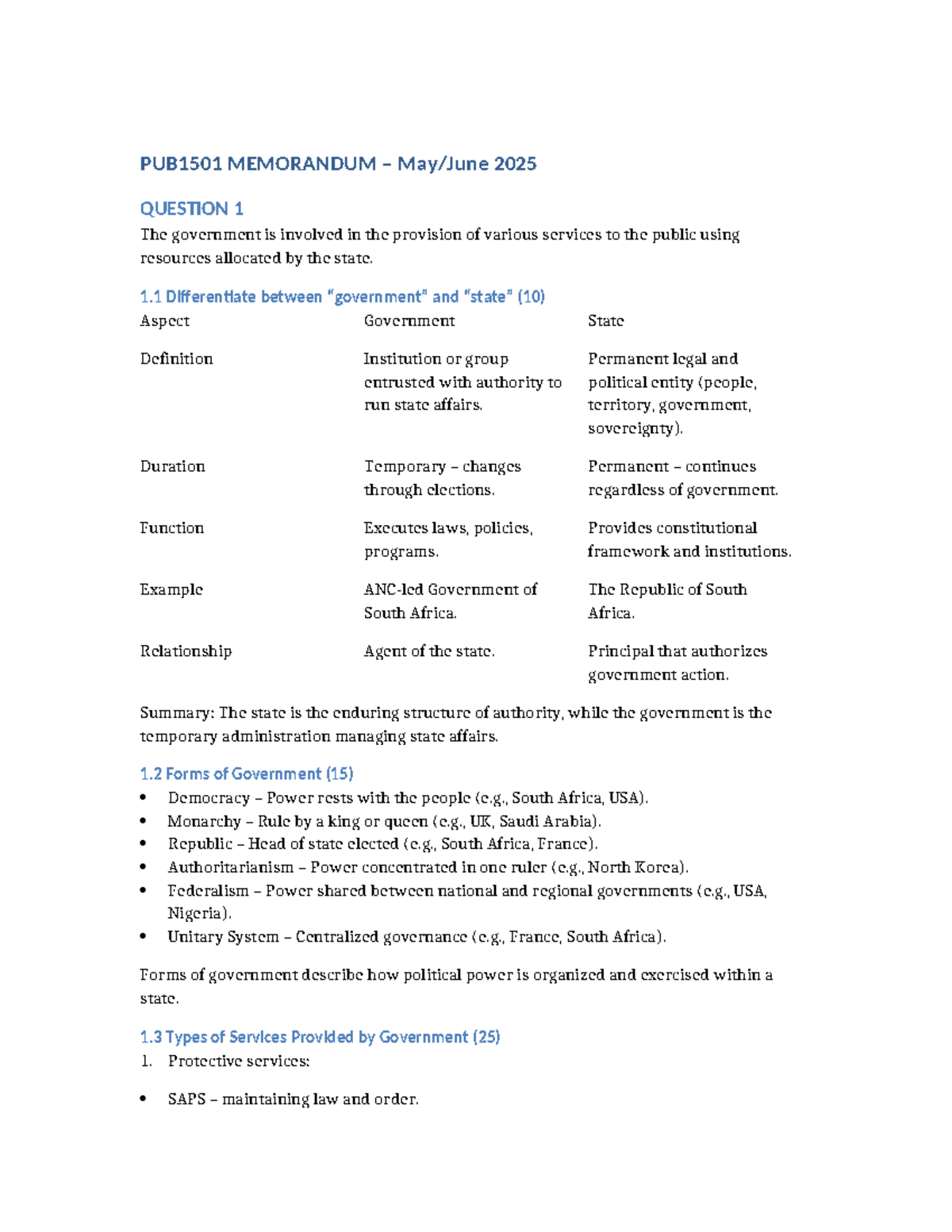 PUB1501 MEMO MAY/JUNE 2025: Gov & State Services Analysis - Studocu