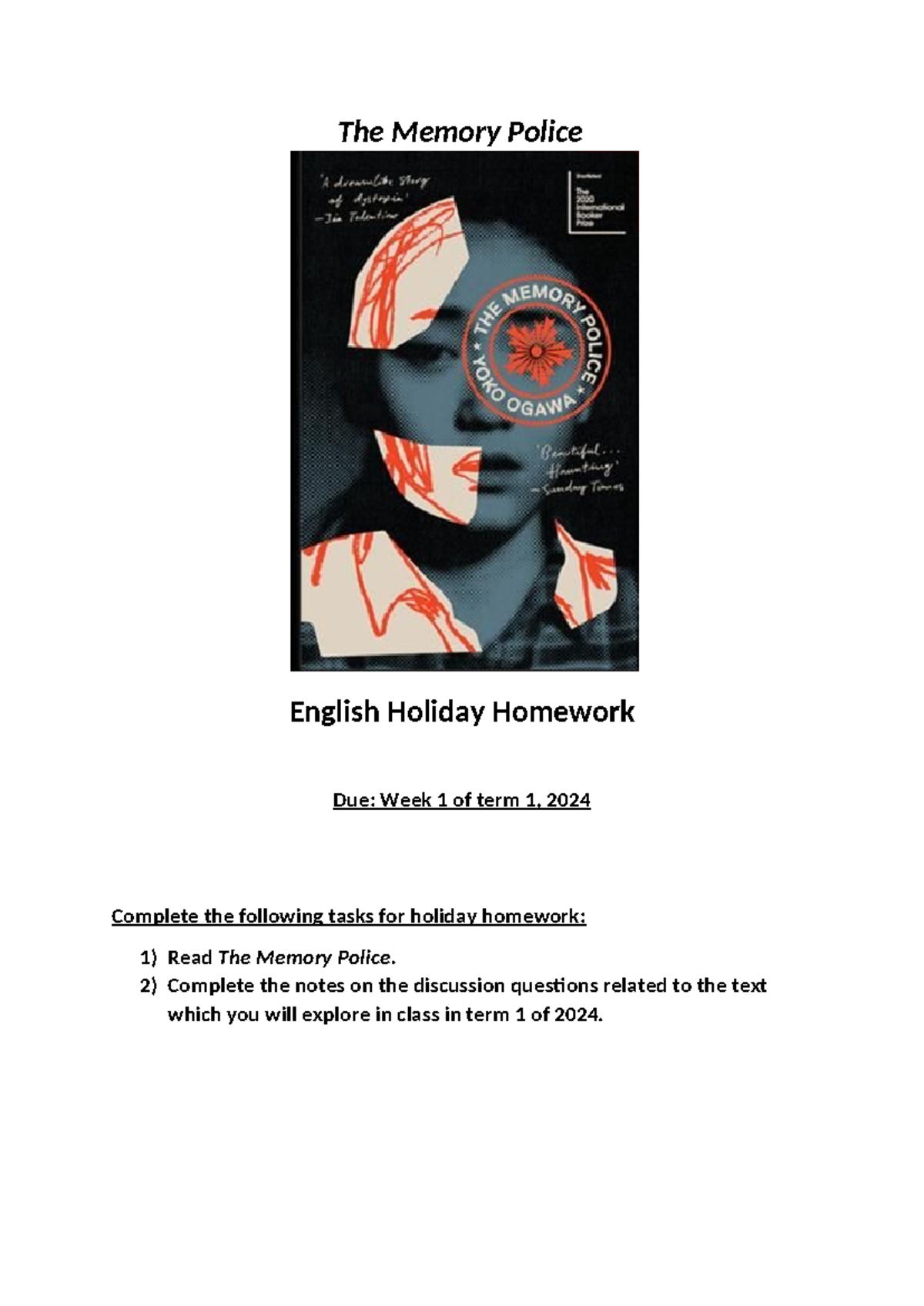 Memory Police English Holiday Homework Assignment (Term 1, 2024) - Studocu