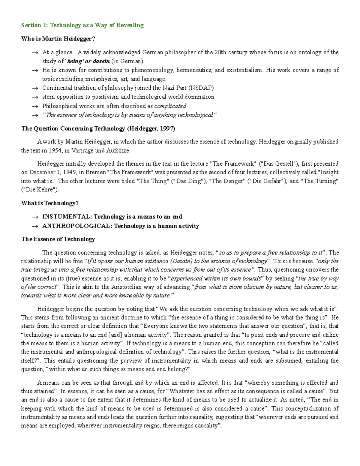 STS 101 Midterm Exam Notes: Exploring Heidegger's Technology and Ethics ...