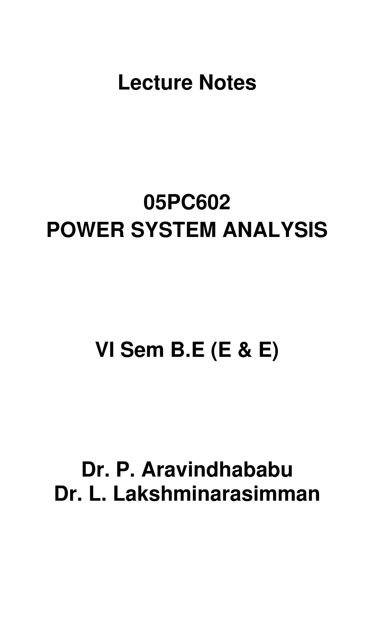 05PC602 Lecture Notes on Power System Analysis - VI Sem (E&E) - Studocu