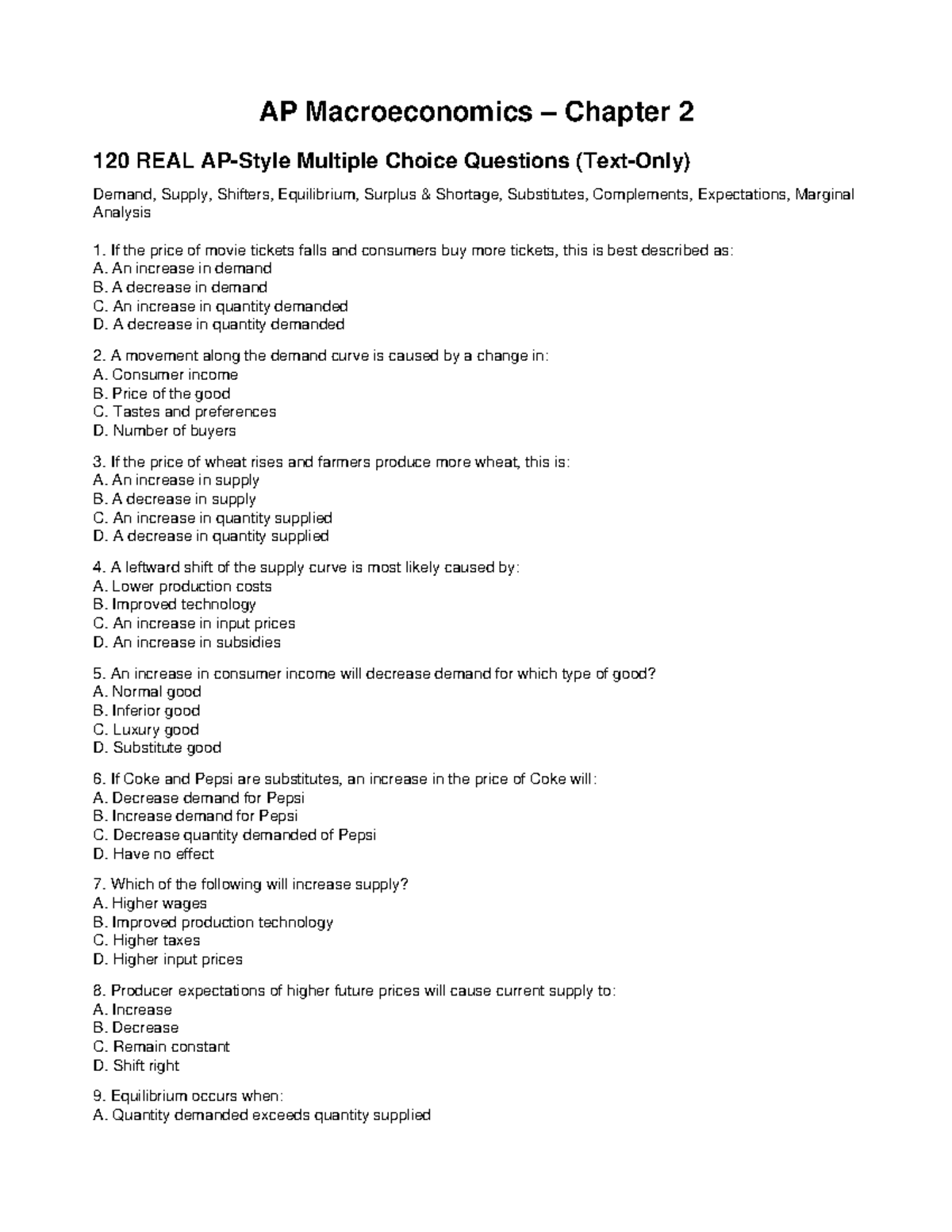 AP Macroeconomics Chapter 2: 120 Real MCQs on Demand & Supply - Studocu