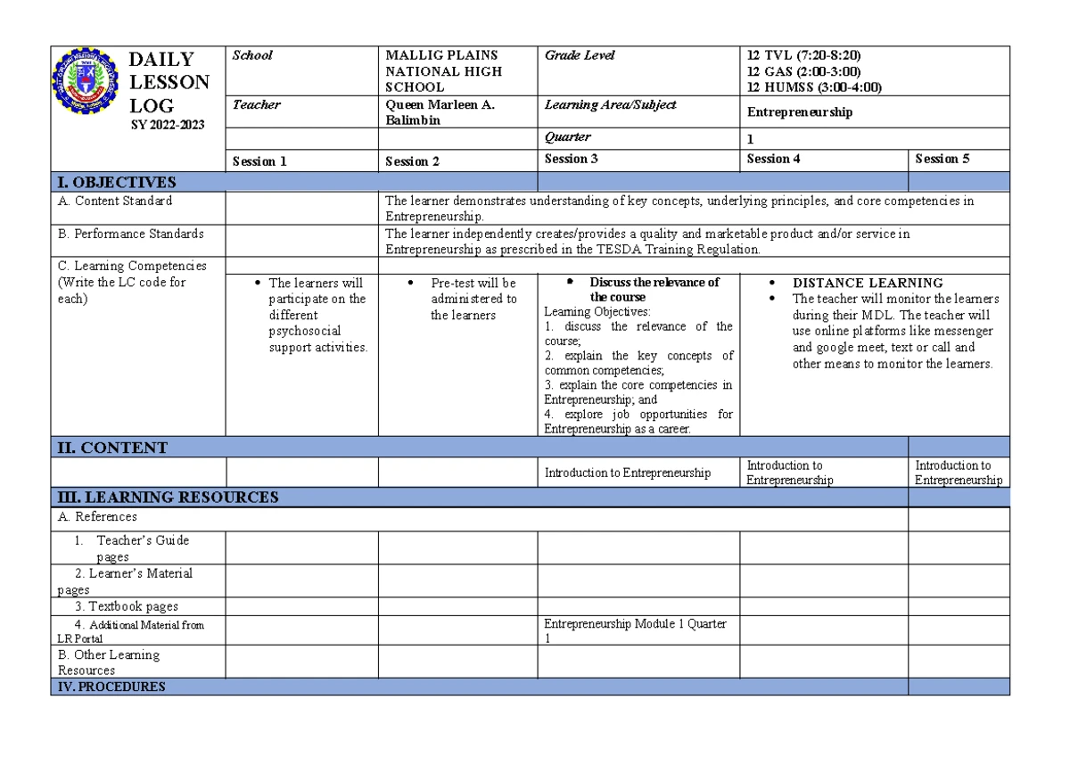 Entrep 12 Q1 W2 (QMAB) - Daily Lesson Log on Entrepreneurship - Studocu