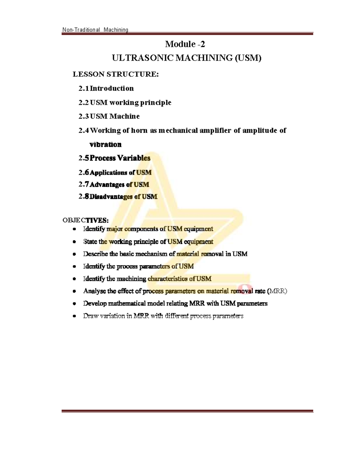 Advanced Machining Process: Ultrasonic Machining (USM) Module 2 - Studocu