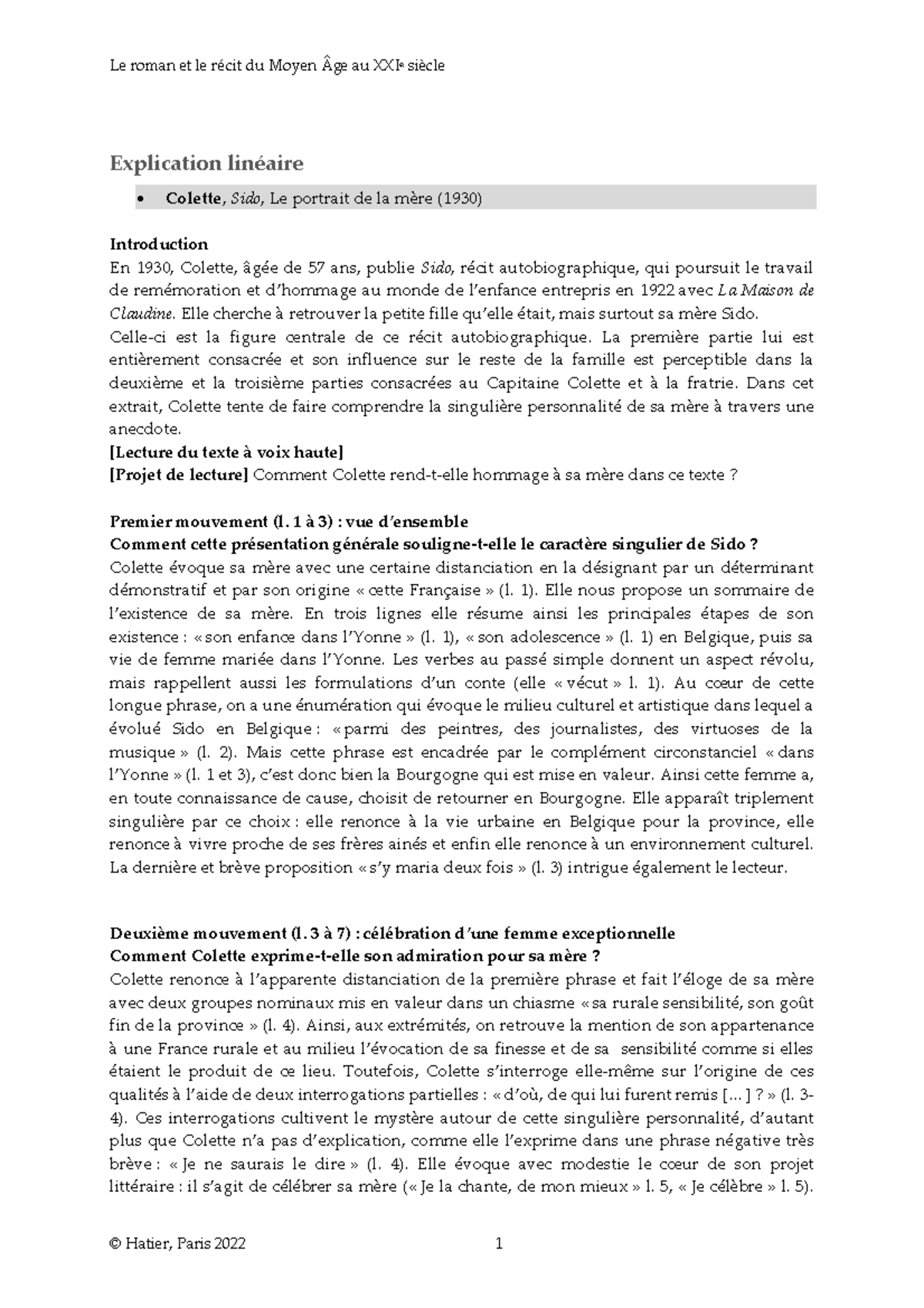 Analyse Linéaire de "Sido" (1930) de Colette : Portrait de Sa Mère ...