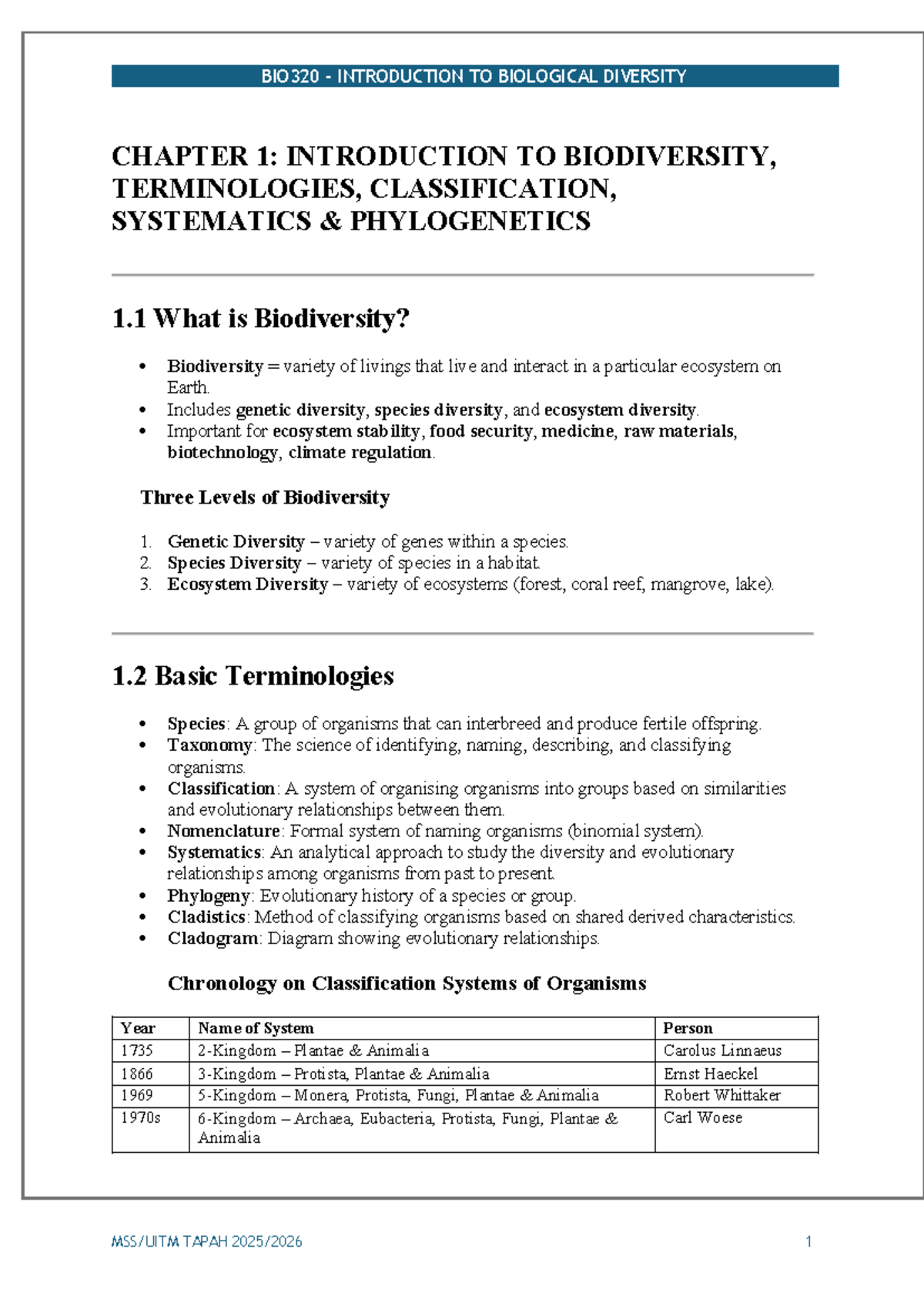 BIO320 Revision Notes: Chapter 1 - Introduction to Biodiversity - Studocu
