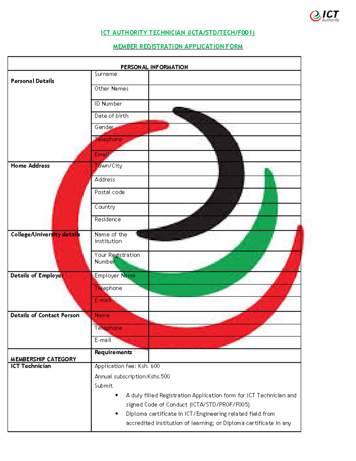 ICTA/STD/TECH/F001 - ICT Authority Technician Membership Application ...