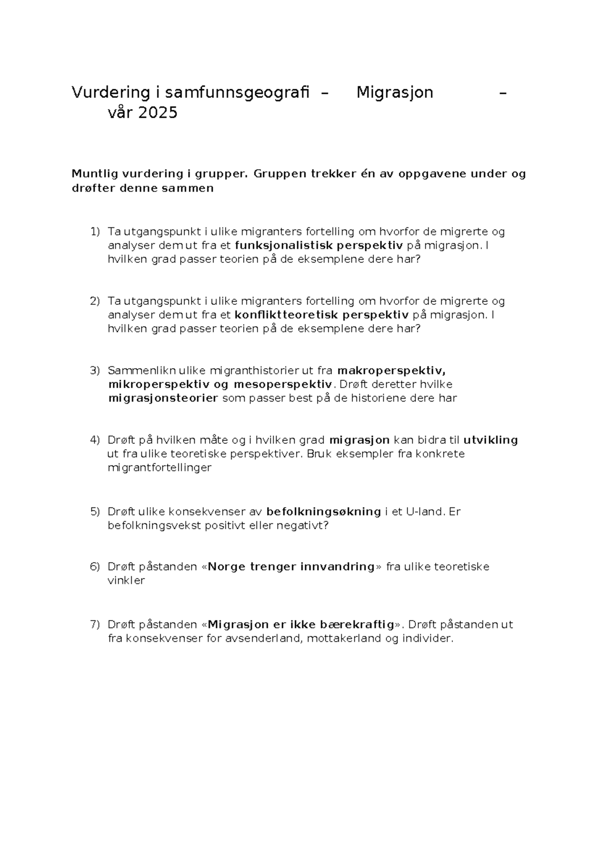 Samfunnsgeografi Vurdering: Migrasjon og Teoretiske Perspektiver - Vår ...