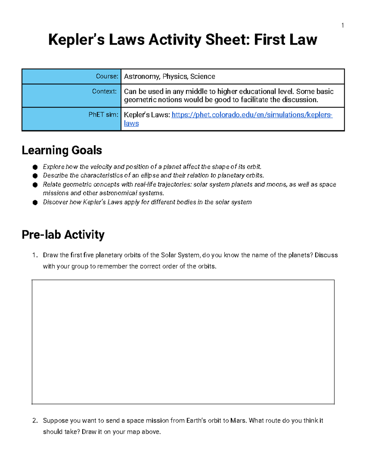 Kepler's First Law Activity Sheet: Understanding Planetary Orbits - Studocu