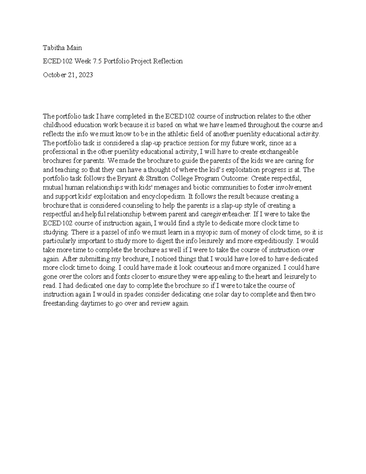 ECED102 Week 7.5 Portfolio Reflection by Tabitha Main - Studocu
