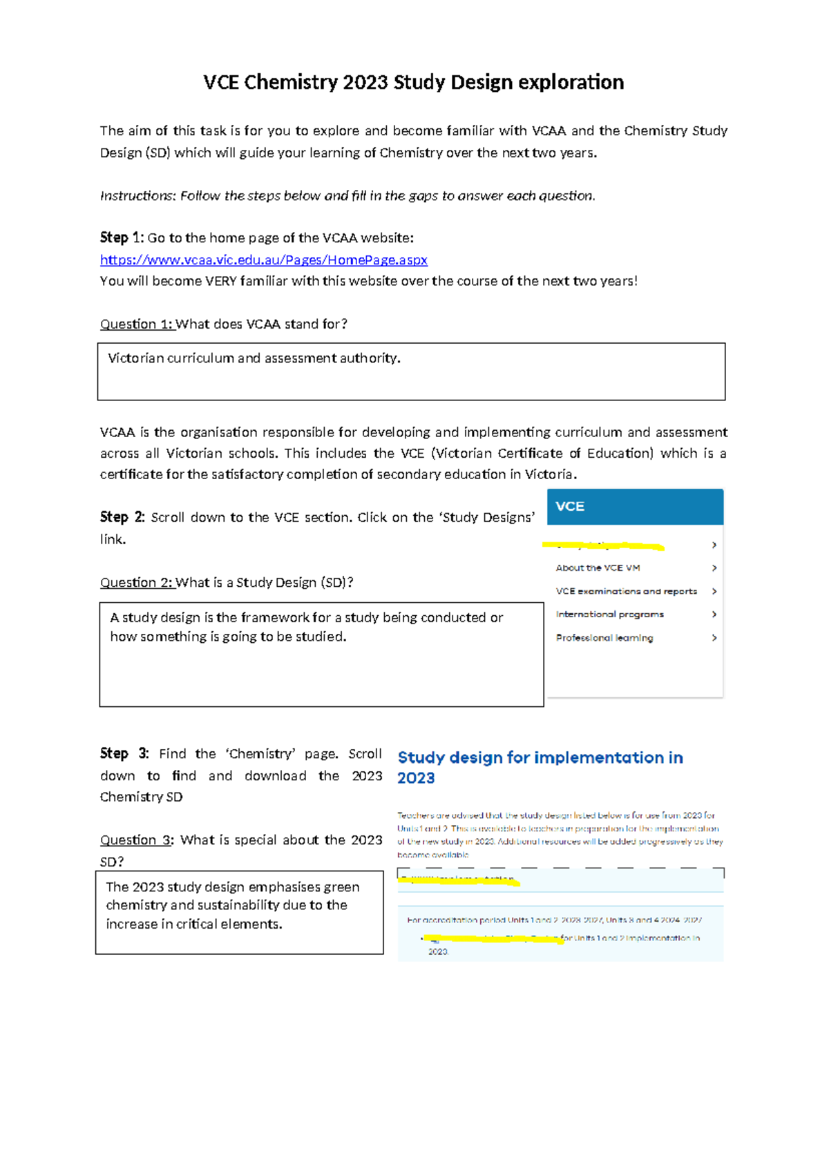 VCE Chemistry 2023 Study Design Exploration and Homework Guide - Studocu