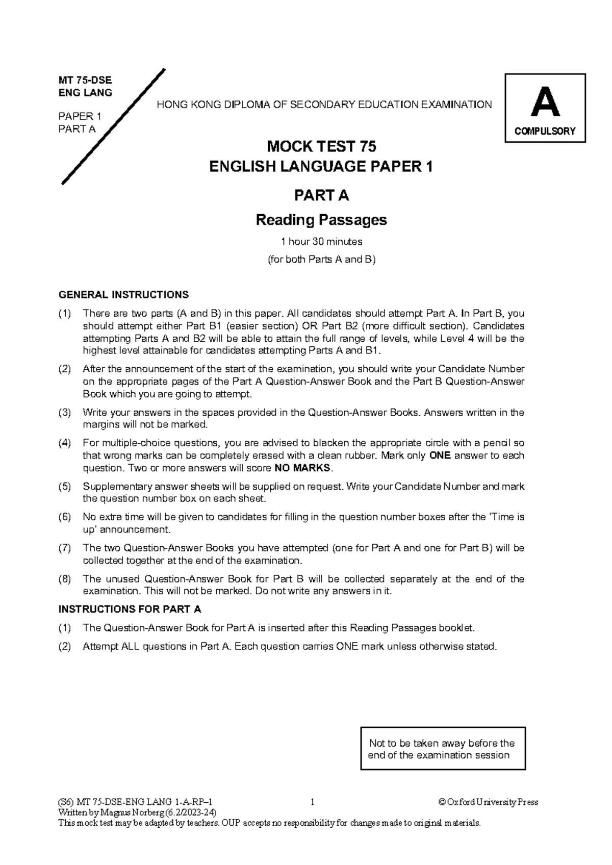 MT75 Mock Test 75 English Language Paper 1 - Reading Passages - Studocu