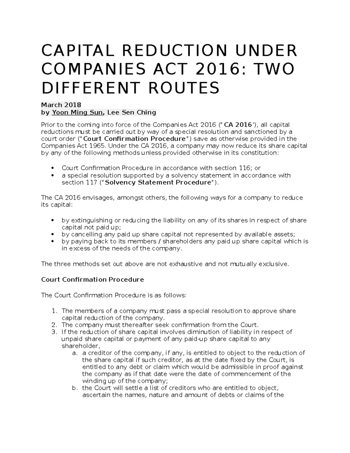Capital Reduction Under Companies Act 2016: Court vs. Solvency Methods ...