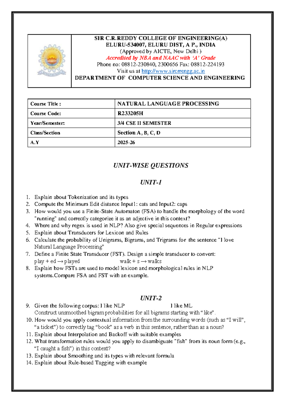 NLP Unit-Wise Questions - CSE II Sem R233205H - Studocu