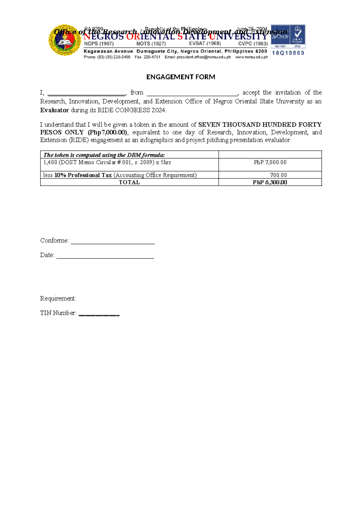 Engagement FORM - Office of the Research Innovation Development and ...
