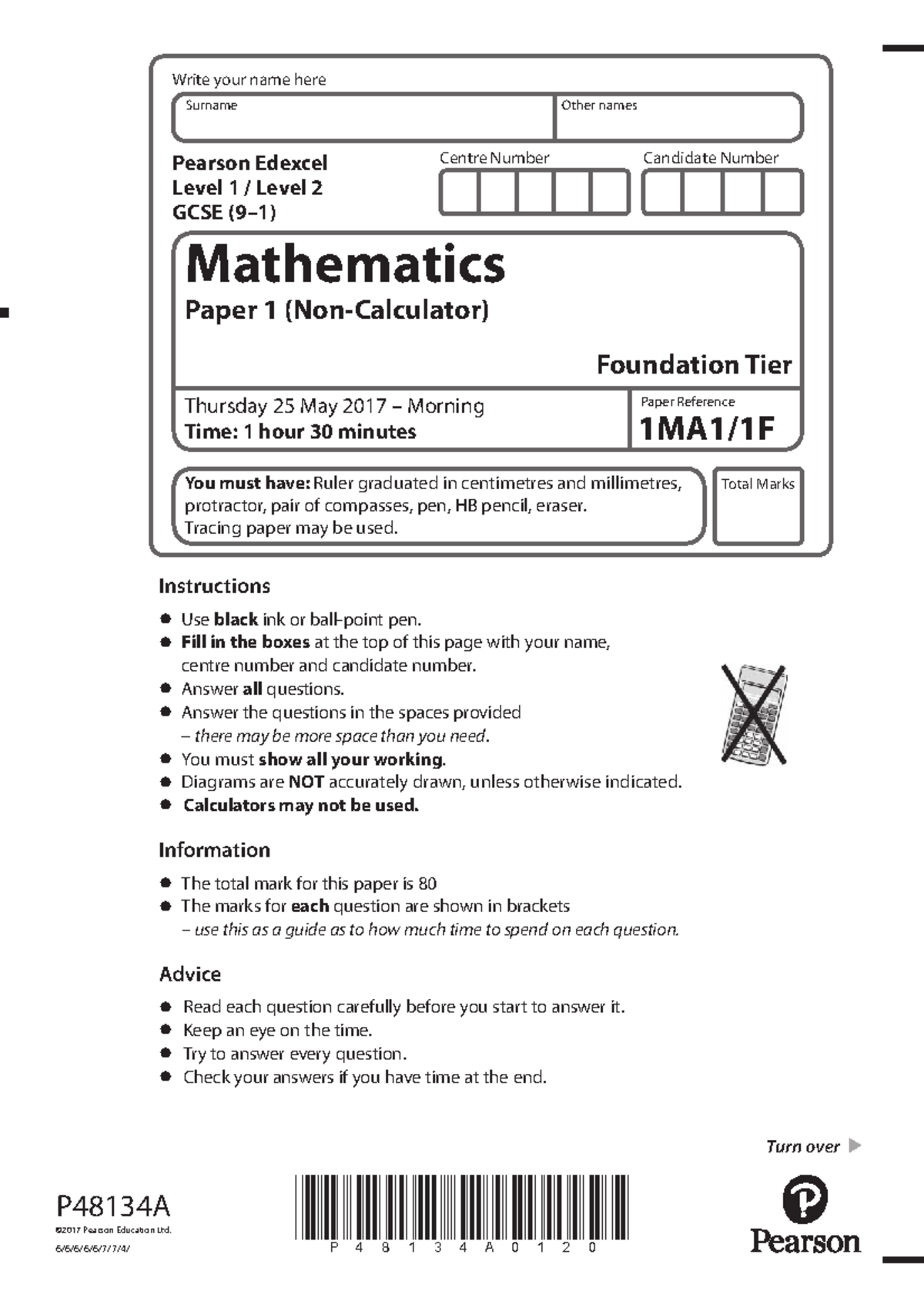 Mathematics Paper 1 Foundation Tier - Pearson Edexcel GCSE 2017 - Studocu
