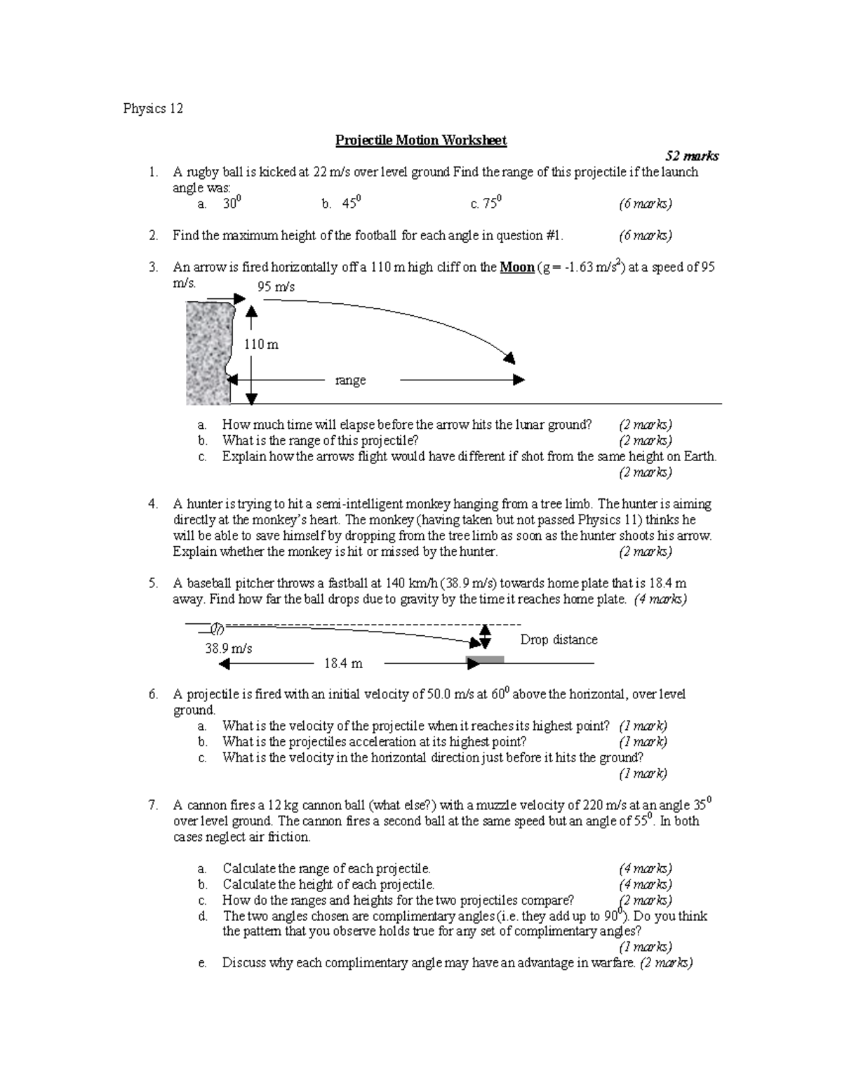 Projectile motion - Physics 12 Projectile Motion Worksheet 52 marks A ...