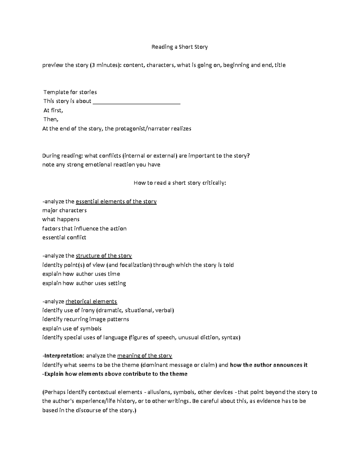 Reading a Short Story: Critical Analysis Guide - Studocu
