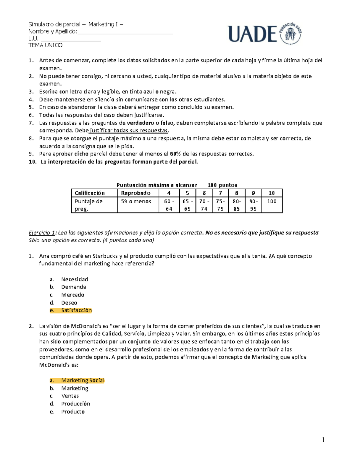 Simulacro de parcial - Marketing I: Ejercicio y Respuestas - Studocu