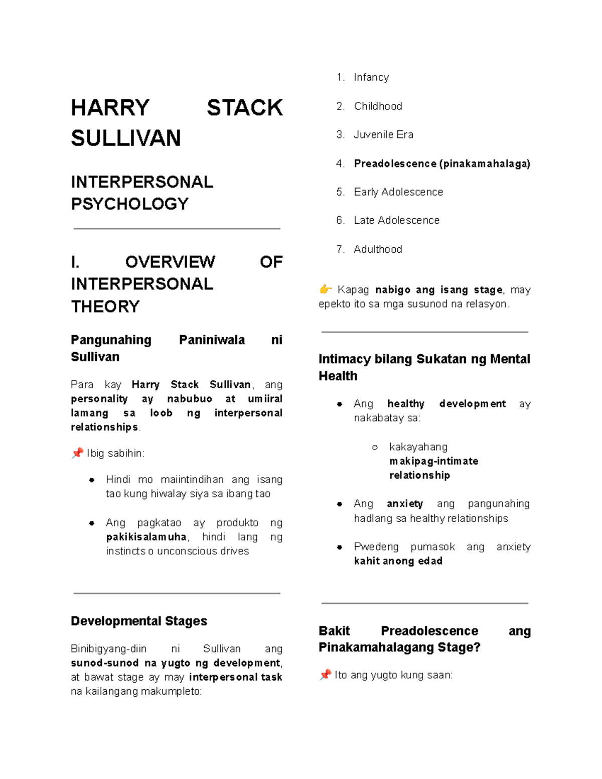 Dev-Psych-Reviewer: Interpersonal Theory of Harry Stack Sullivan - Studocu