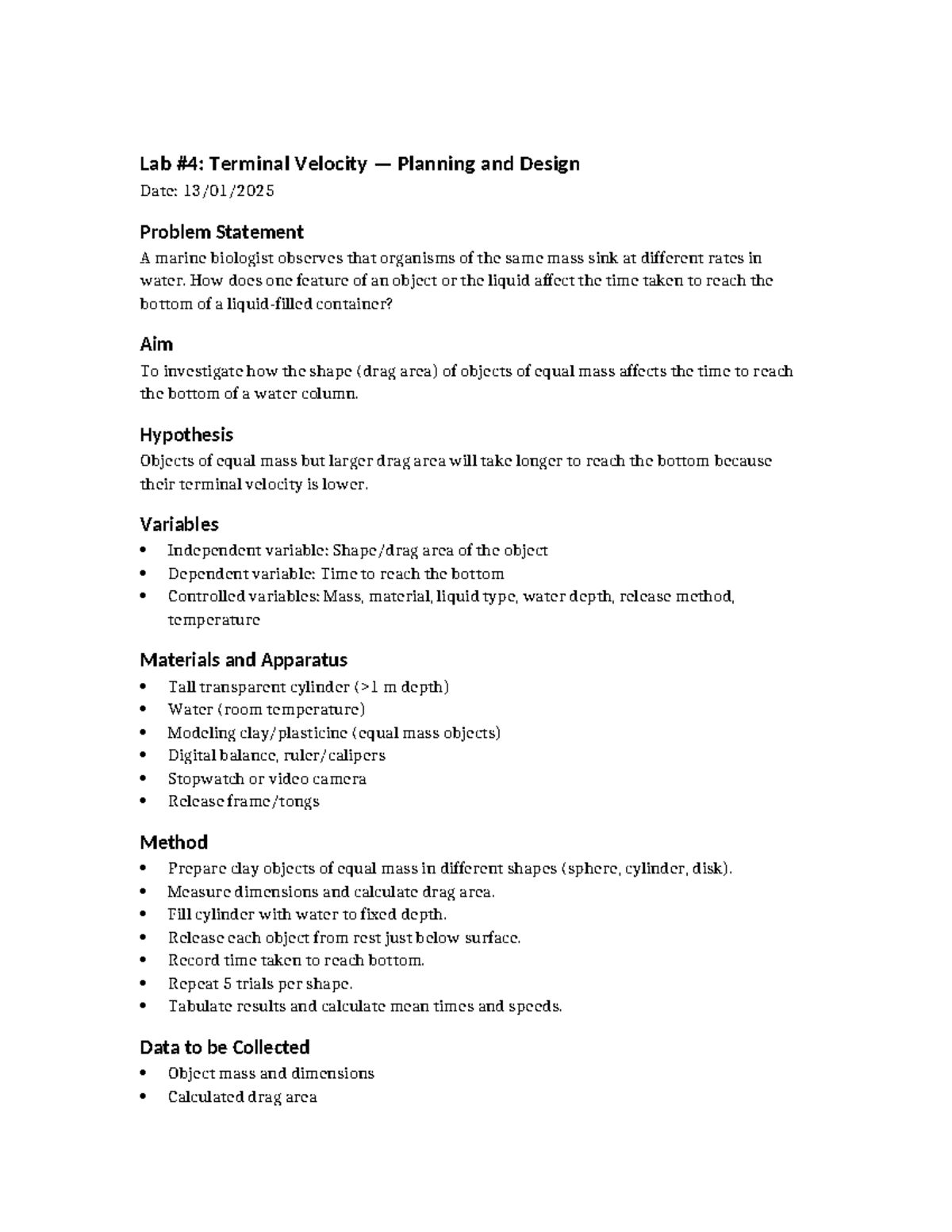 Lab 4: Terminal Velocity Experiment Design and Planning - Studocu