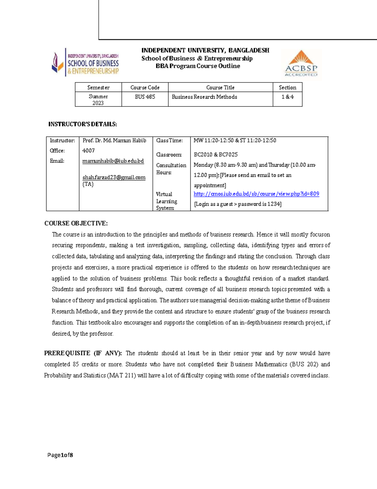 BUS 485 Course Outline: Business Research Methods - Summer 2023 - Studocu