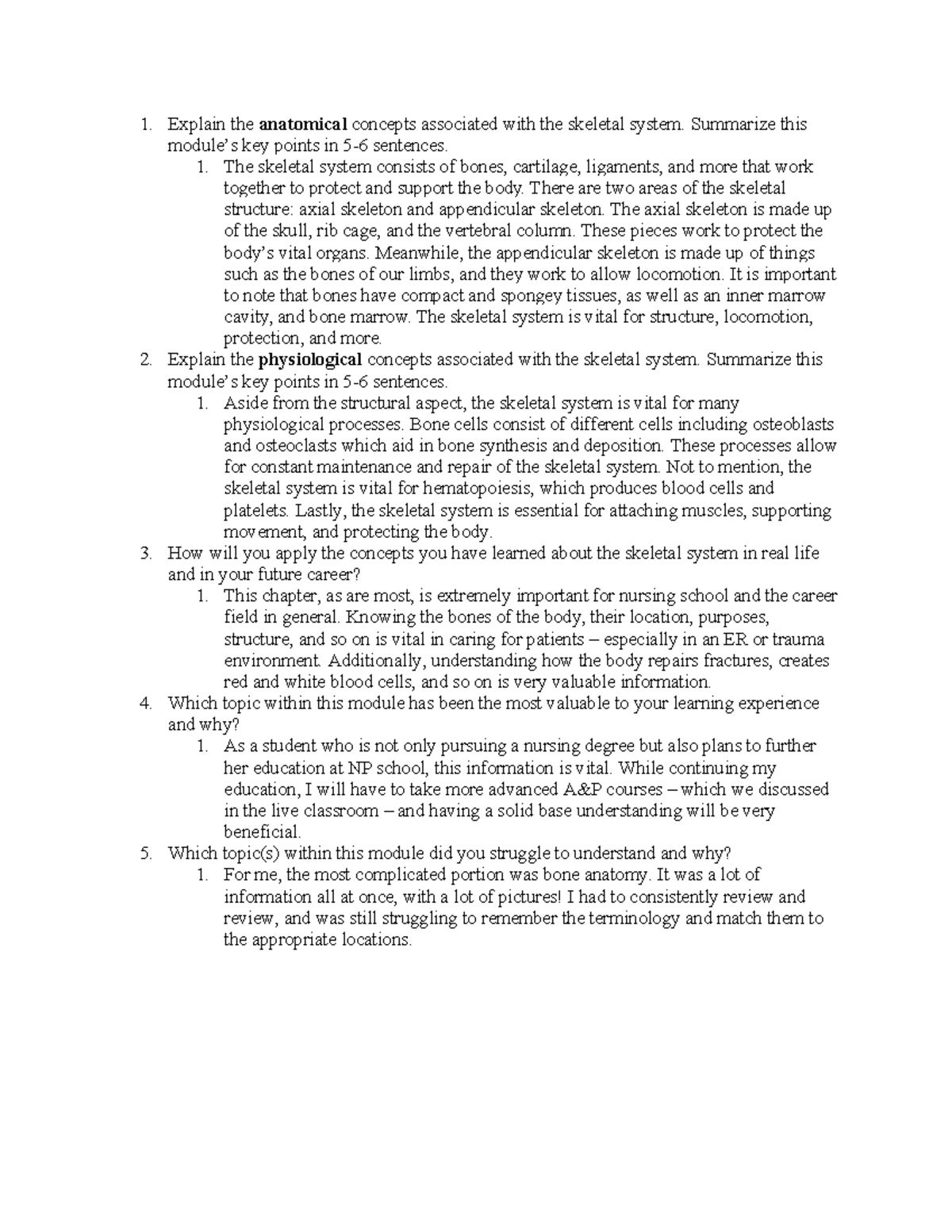 A&P Module 3 Reflection - Explain the anatomical concepts associated with the skeletal system ...