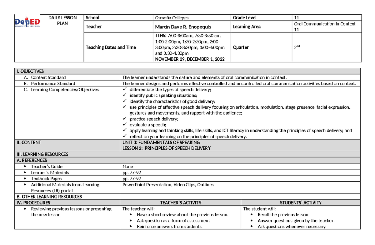 DLP - Daily Lesson Plan on Principles of Speech Delivery - Studocu