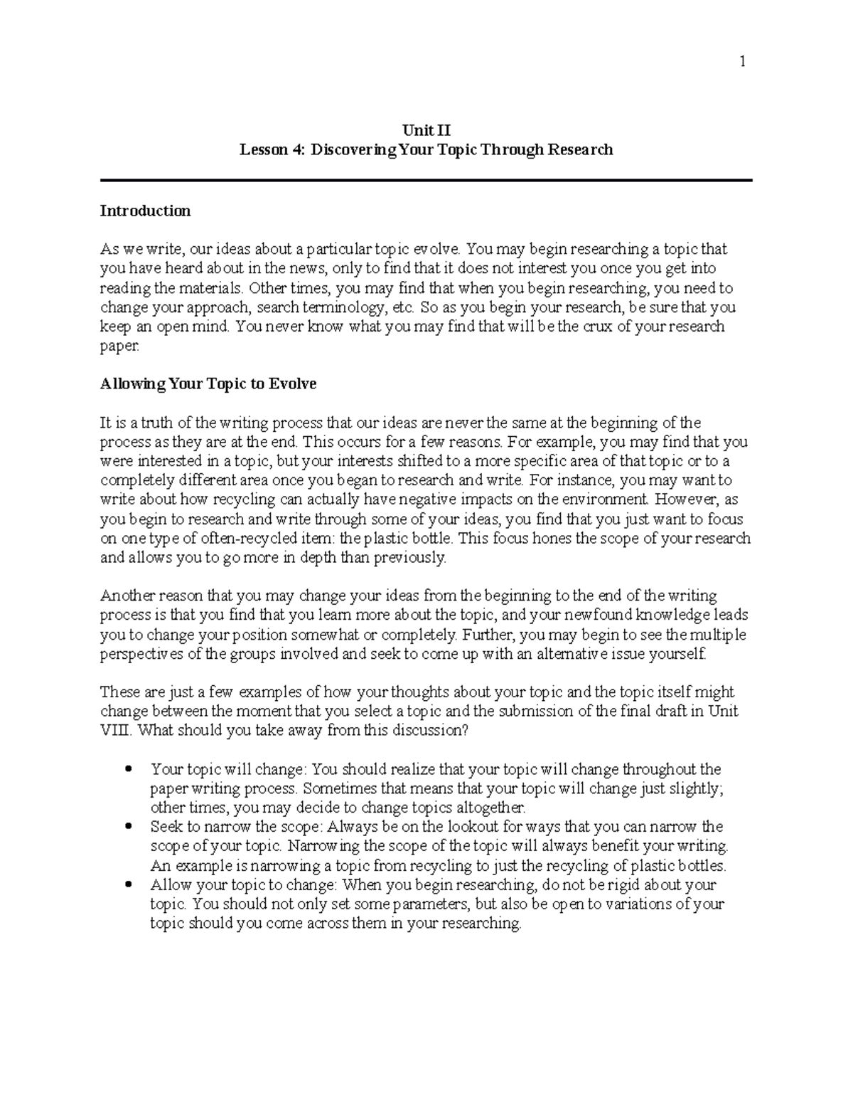 Unit 2 lesson 4 - 1 Unit II Lesson 4: Discovering Your Topic Through ...