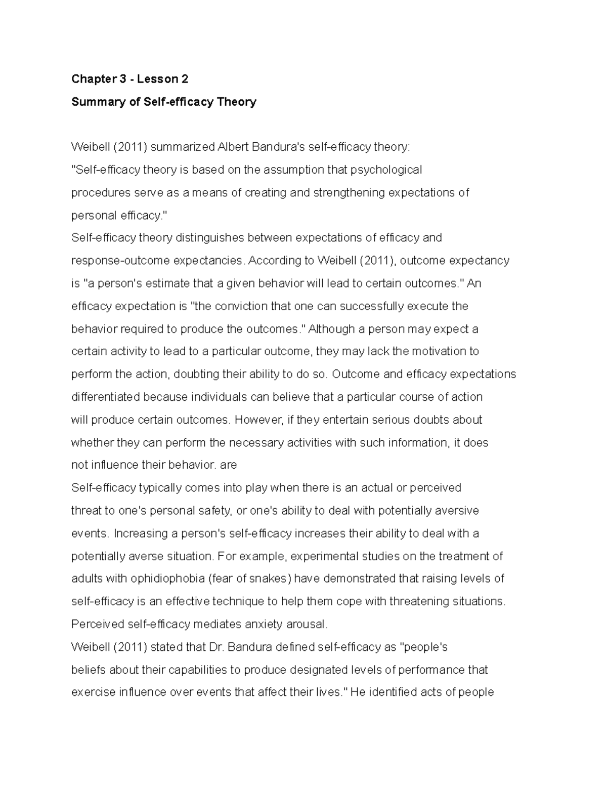 Summary of Self-efficacy Theory - Chapter 3 Lesson 2 Insights - Studocu